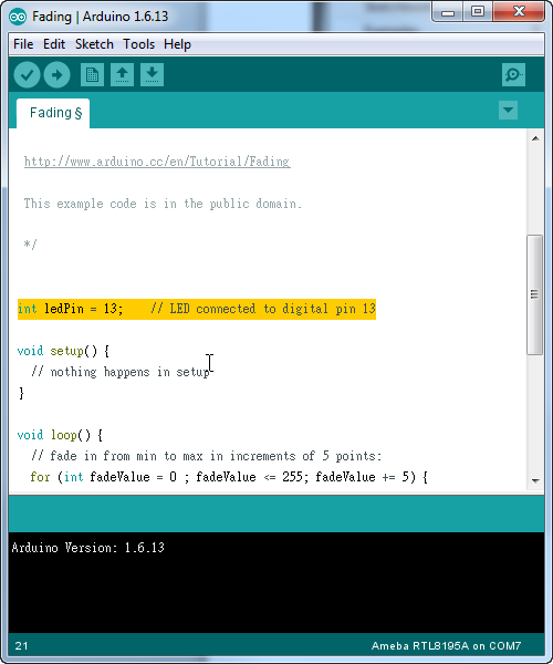 Ameba Arduino Rtl8710af Pwm Let Led To Fade And Light In Turn Realtek Iotwi Fi Mcu Solutions